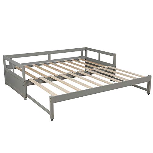 RUNWON Extendable Daybed with Trundle,Wooden Platform Sofa Bedframe Space Saving Twin to King Size Extend Bed Furniture for Bedroom Living Room