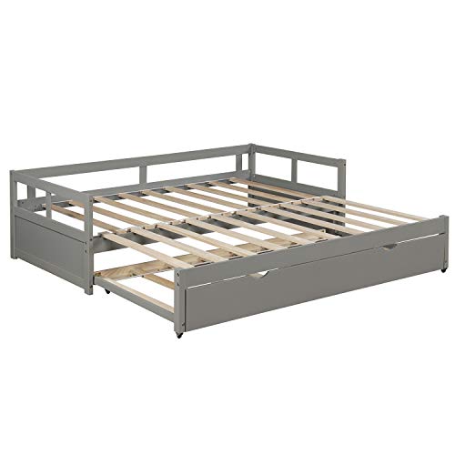 RUNWON Extendable Daybed with Trundle,Wooden Platform Sofa Bedframe Space Saving Twin to King Size Extend Bed Furniture for Bedroom Living Room