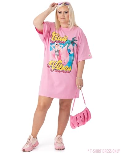 Barbie Womens Oversized T-Shirt Dress | Ladies California Vibes Doll Short Sleeve Summer Outfit | Pink Graphic Tee
