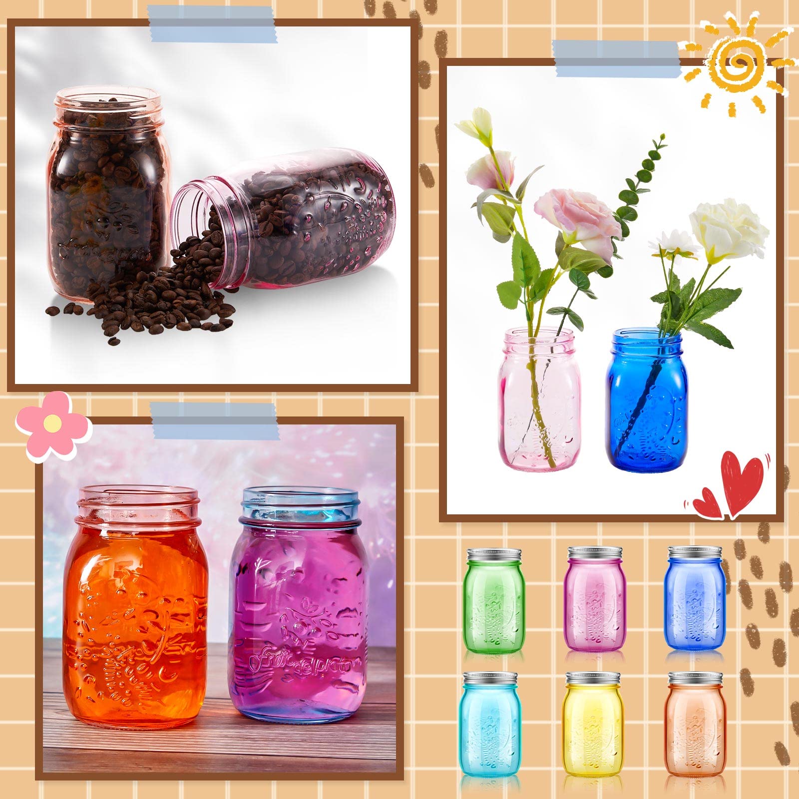 12 Pieces 32 oz Colored Mason Jars Glass Mason Jars with Lids Glass Wide Mouth Canning Jar NOT Allowed Dishwasher(Cute Colors)