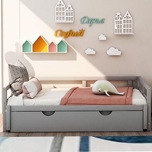 RUNWON Extendable Daybed with Trundle,Wooden Platform Sofa Bedframe Space Saving Twin to King Size Extend Bed Furniture for Bedroom Living Room