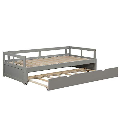 RUNWON Extendable Daybed with Trundle,Wooden Platform Sofa Bedframe Space Saving Twin to King Size Extend Bed Furniture for Bedroom Living Room