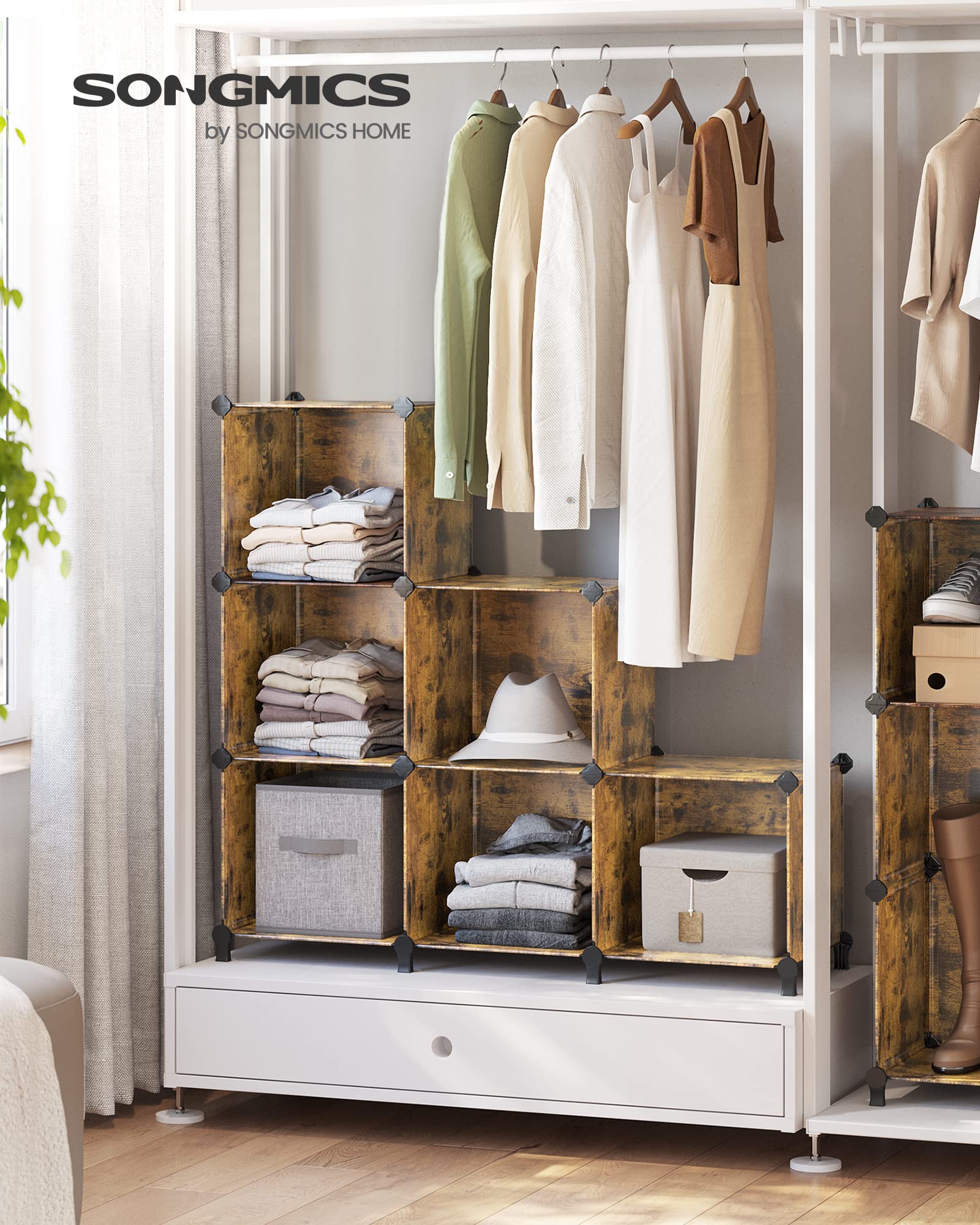SONGMICS 6 Cube Storage Organizer, DIY Closet Shelf, Plastic Clothes Organizer, Modular Bookcase, 14.6 x 13 x 13 Inch Cubes, with Feet and Rubber Mallet, Rustic Brown ULPC206A01