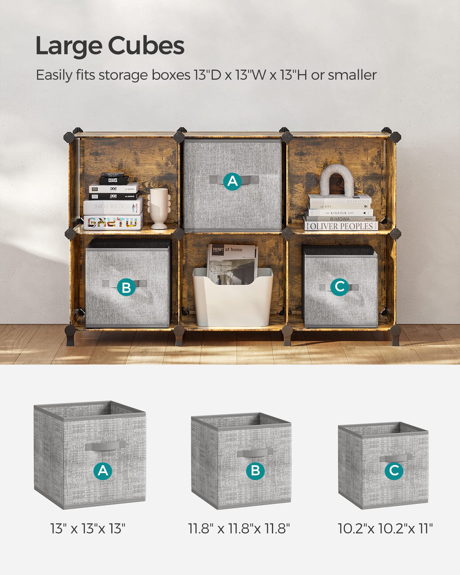 SONGMICS 6 Cube Storage Organizer, DIY Closet Shelf, Plastic Clothes Organizer, Modular Bookcase, 14.6 x 13 x 13 Inch Cubes, with Feet and Rubber Mallet, Rustic Brown ULPC206A01