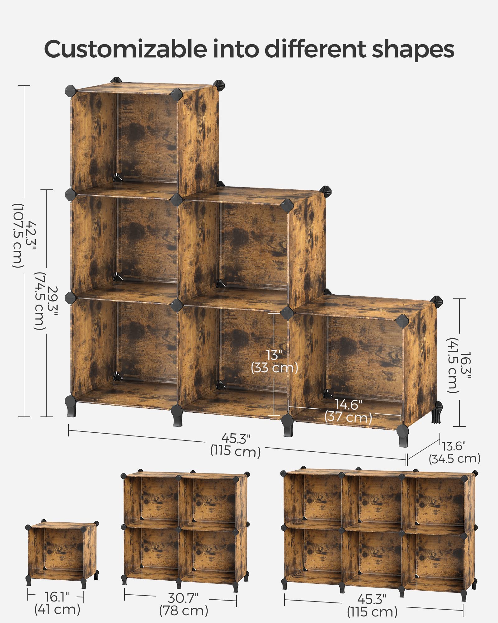 SONGMICS 6 Cube Storage Organizer, DIY Closet Shelf, Plastic Clothes Organizer, Modular Bookcase, 14.6 x 13 x 13 Inch Cubes, with Feet and Rubber Mallet, Rustic Brown ULPC206A01