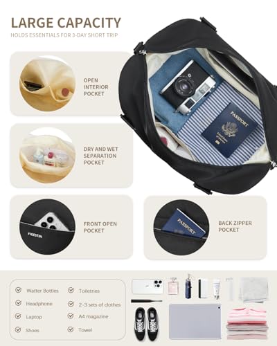 FIGESTIN Duffle Bag for Women Girls Weekender/Overnight Bag Lightweight Carry On Tote Bag Black