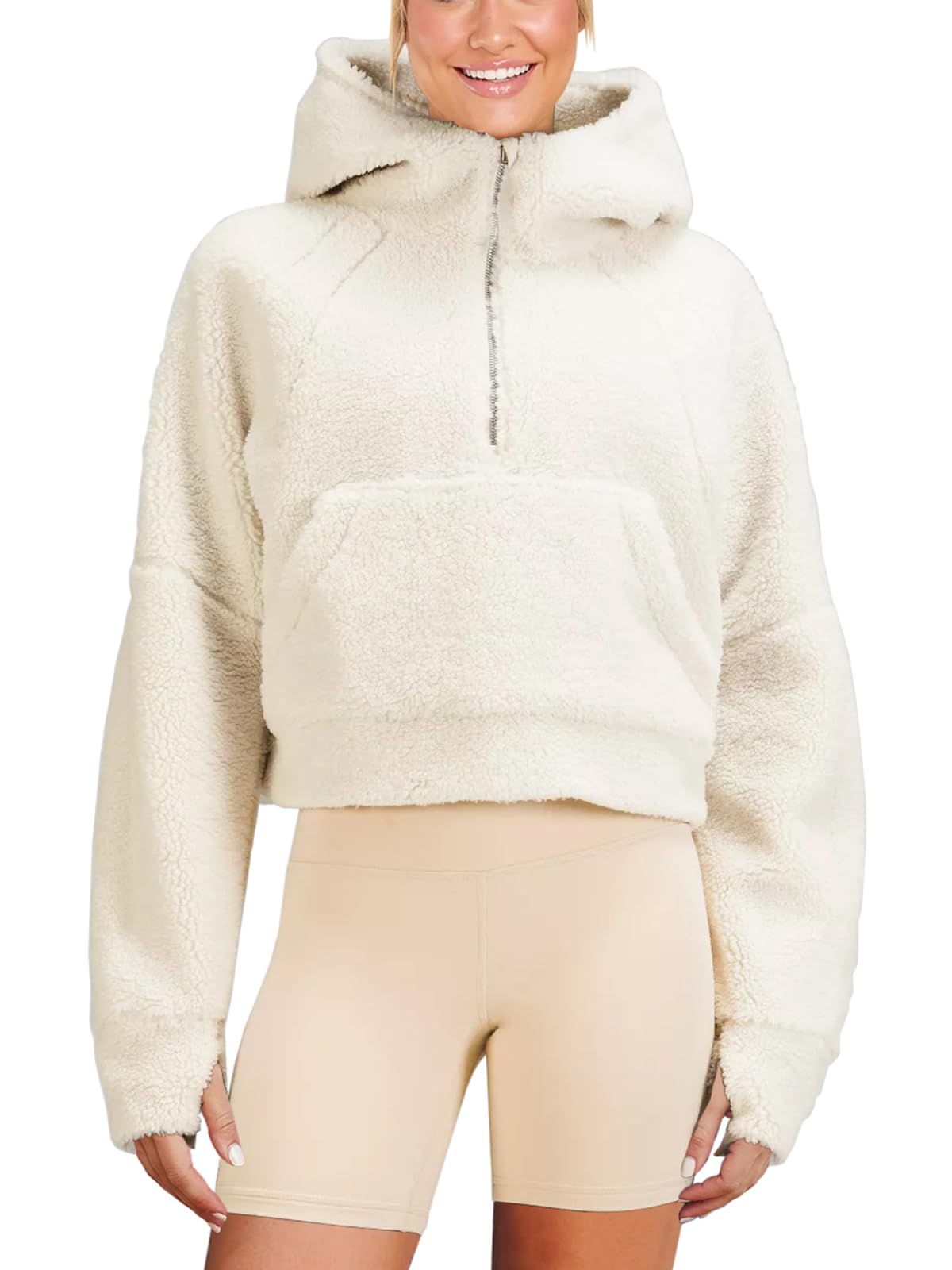 Womens Fleece Hoodies Half Zipper Sherpa Hooded Pullover Crop Long Sleeve Zip Up Jacket Coats Beige