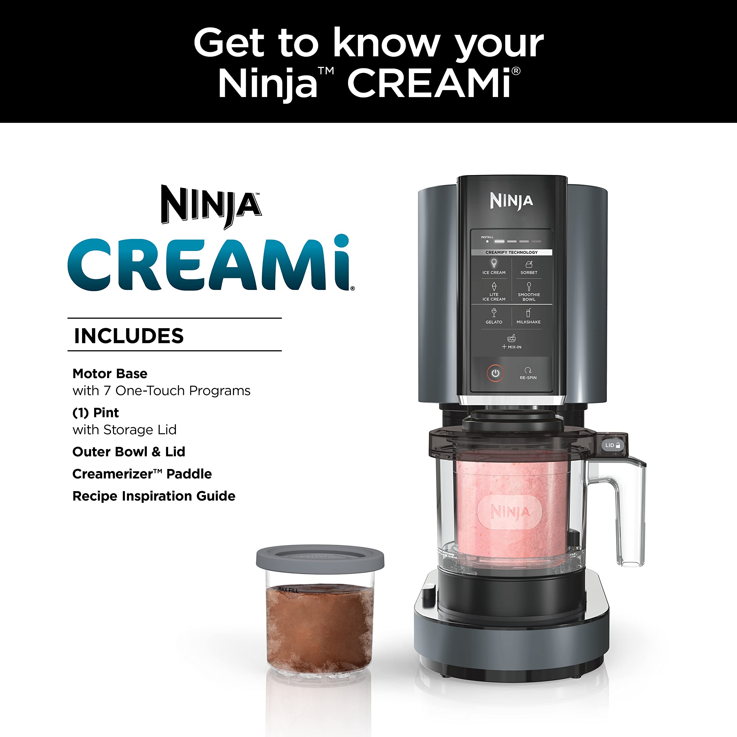 Ninja NC299AMZ CREAMi Ice Cream Maker, Matte Black & XSKPLID2CD Pints 2 Pack, Compatible with NC299AMZ & NC300s Series Creami Ice Cream Makers, BPA-Free & Dishwasher Safe, Lime & Aqua Lids, 1