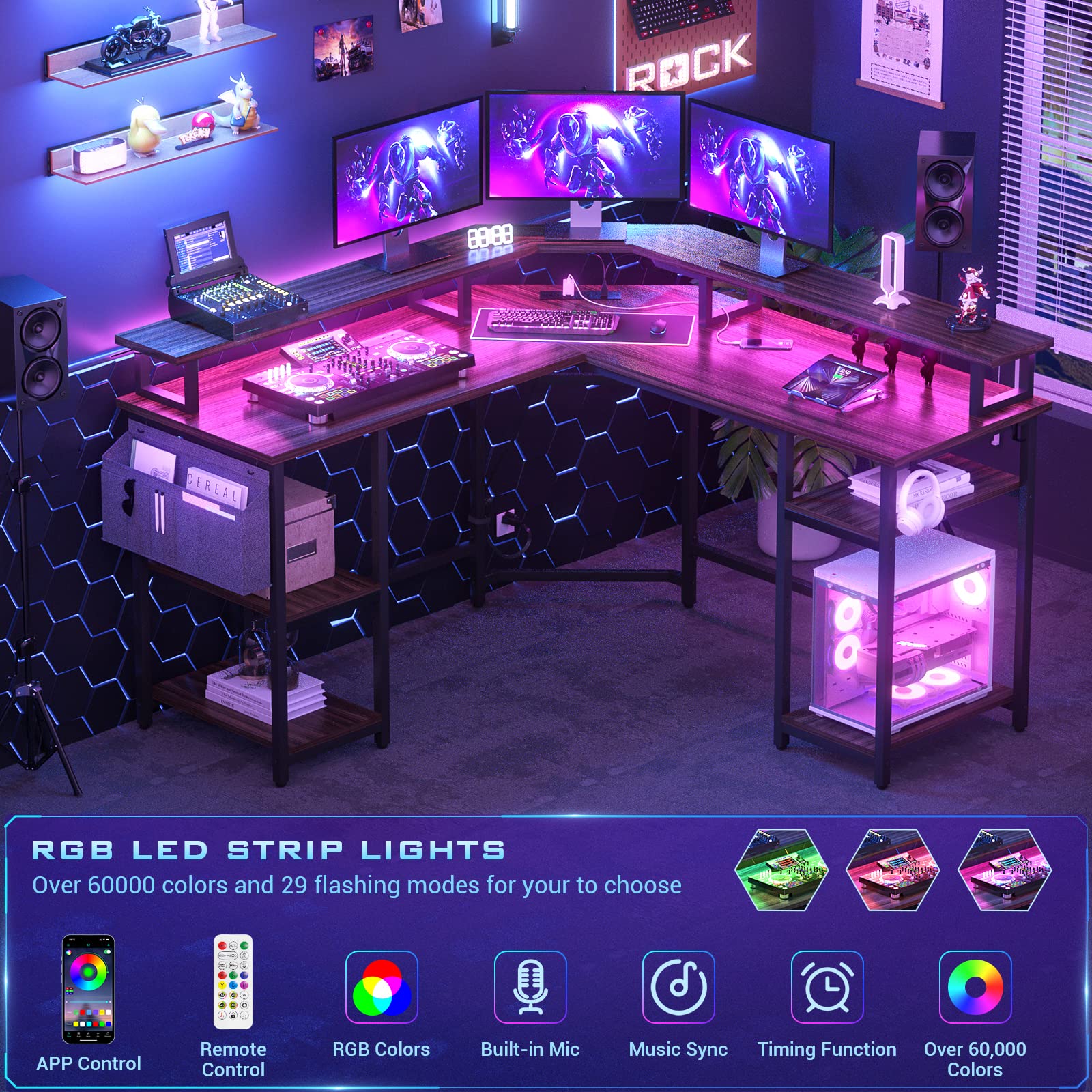 Aheaplus L-Shaped Gaming Desk with Power Outlets & LED Lights, L-Shape Computer Corner Desk with Monitor Stand and Storage Shelf, Home Office Desk with Storage Bag, Espresso