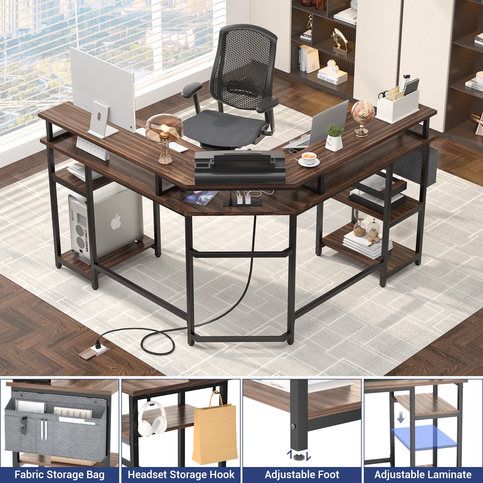 Aheaplus L-Shaped Gaming Desk with Power Outlets & LED Lights, L-Shape Computer Corner Desk with Monitor Stand and Storage Shelf, Home Office Desk with Storage Bag, Espresso
