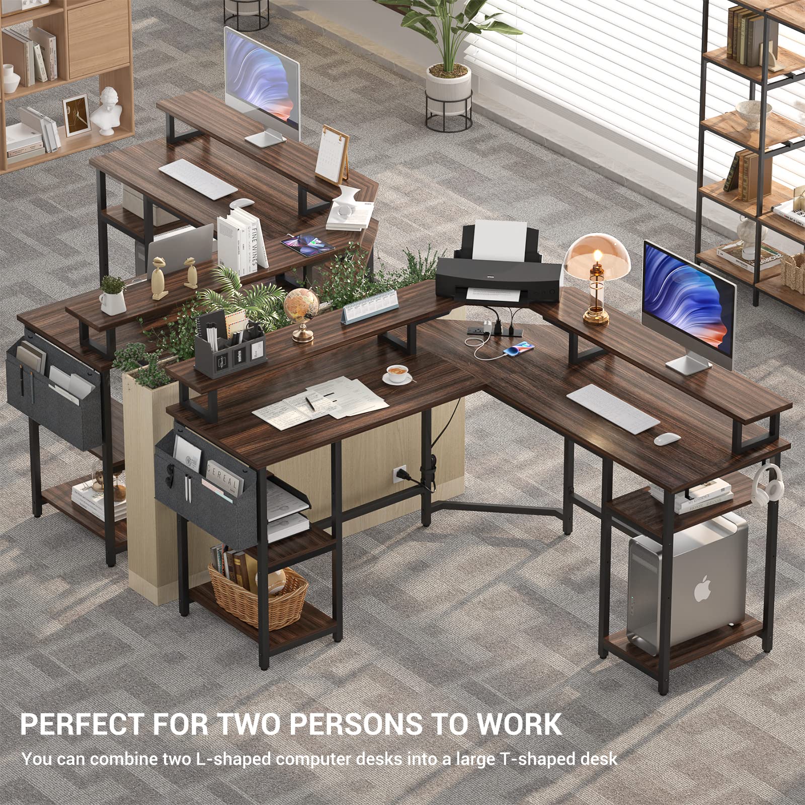 Aheaplus L-Shaped Gaming Desk with Power Outlets & LED Lights, L-Shape Computer Corner Desk with Monitor Stand and Storage Shelf, Home Office Desk with Storage Bag, Espresso