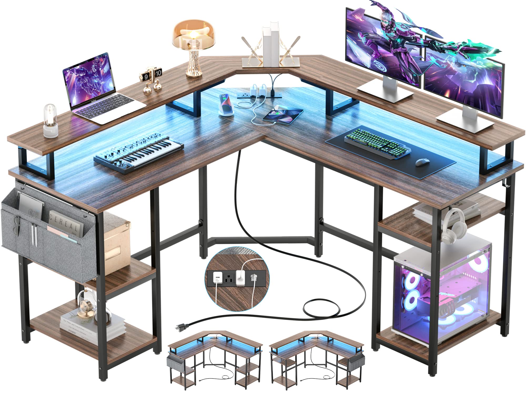 Aheaplus L-Shaped Gaming Desk with Power Outlets & LED Lights, L-Shape Computer Corner Desk with Monitor Stand and Storage Shelf, Home Office Desk with Storage Bag, Espresso
