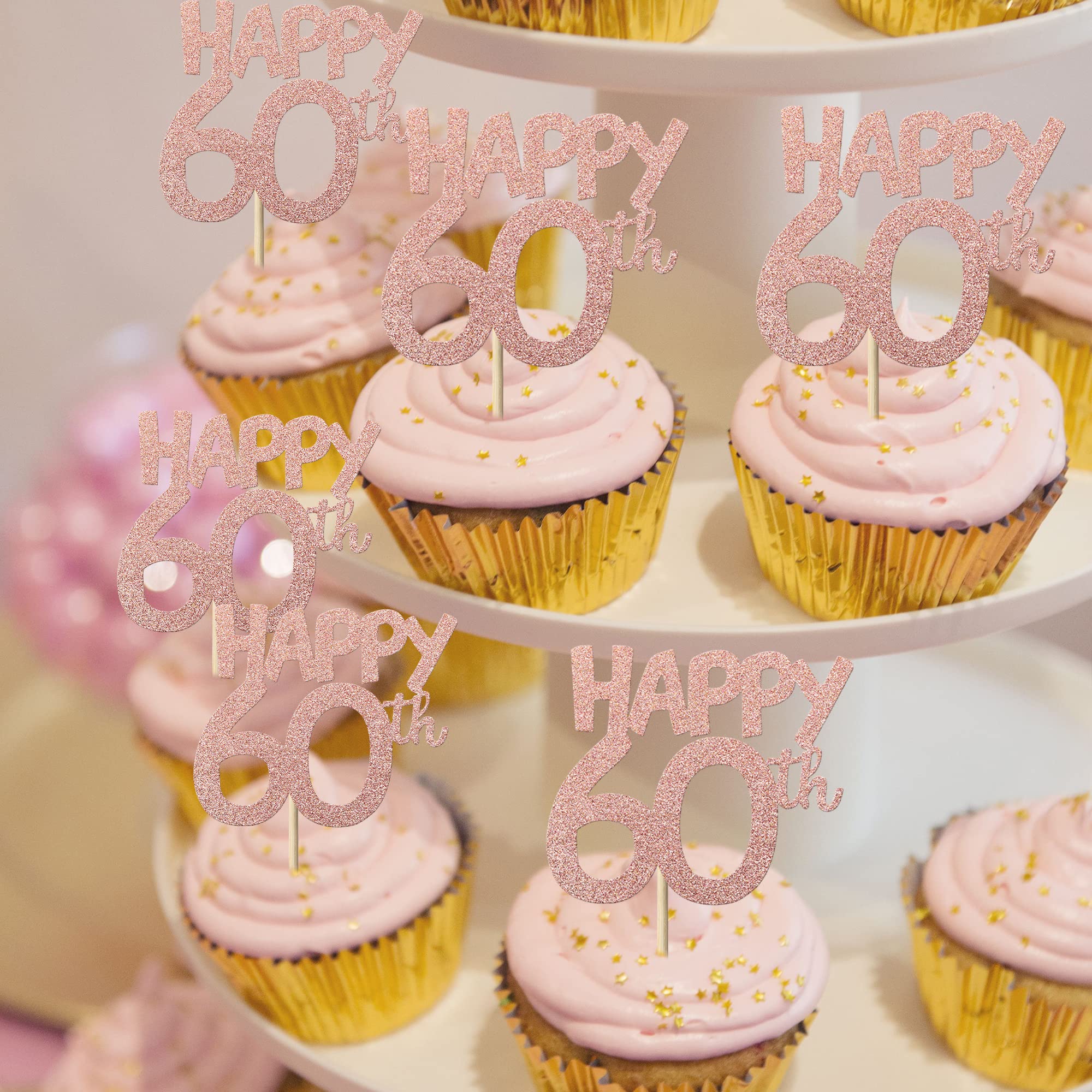 24 PCS Happy 60th Cupcake Toppers Glitter Sixty Cheers to 60 Fabulous Cupcake Picks Number 60 Birthday Cake Decorations for 60th Birthday Wedding Anniversary Retirement Party Supplies Rose Gold