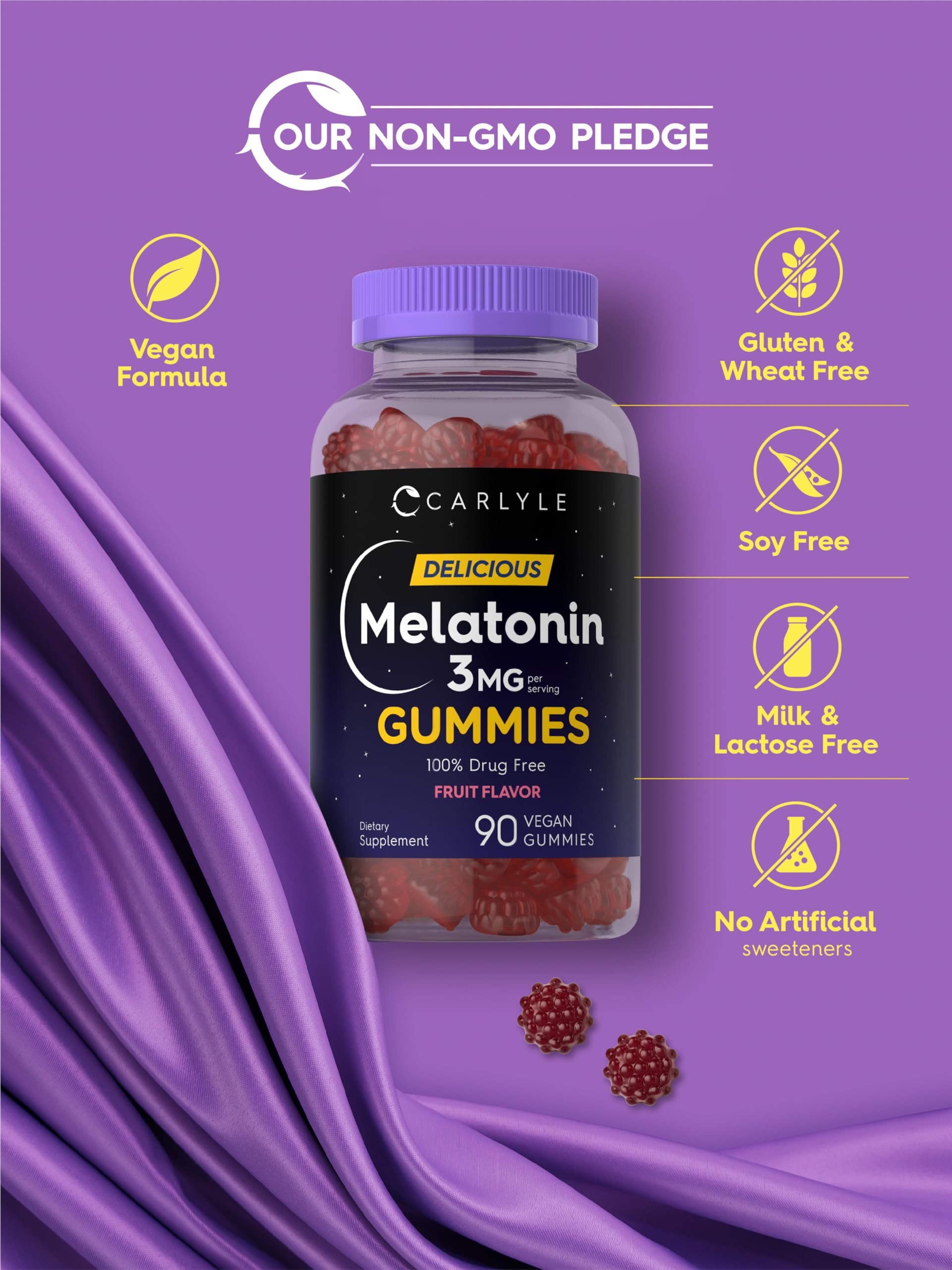 Carlyle Melatonin Gummies 3mg | 90 Count | Fruit Flavor Gummy Supplement | 100% Drug Free Support | Vegan, Non-GMO, Gluten Free