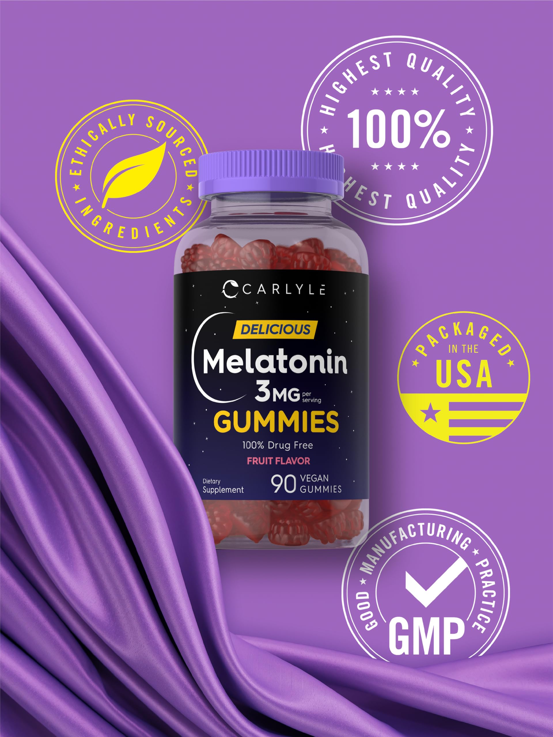 Carlyle Melatonin Gummies 3mg | 90 Count | Fruit Flavor Gummy Supplement | 100% Drug Free Support | Vegan, Non-GMO, Gluten Free