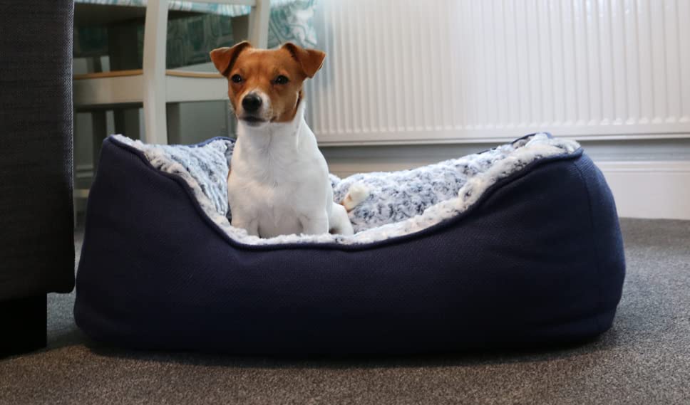 Sleepy Paws Ancol Square Bed for Dogs Navy and Iced Plush 70 x 60cm,Blue