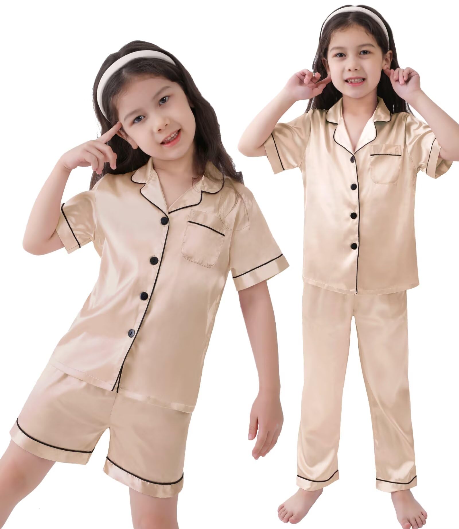 SWOMOG Kid's Silk Pajamas 3 Piece Girls Boys Satin Pajamas Set Button-Down PJs Sets Soft Lounge Sets Short Sleeve Sleepwear Champagne