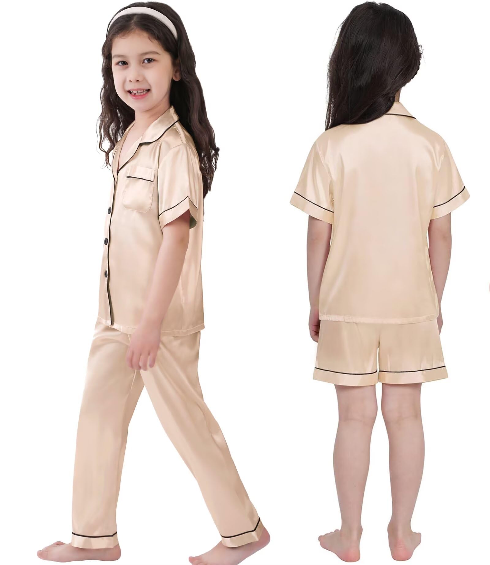 SWOMOG Kid's Silk Pajamas 3 Piece Girls Boys Satin Pajamas Set Button-Down PJs Sets Soft Lounge Sets Short Sleeve Sleepwear Champagne