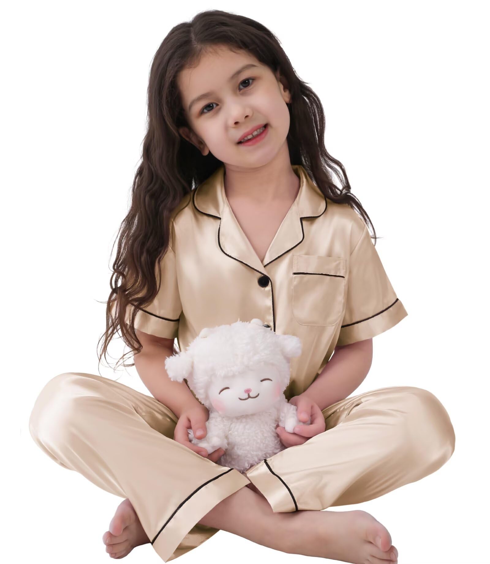 SWOMOG Kid's Silk Pajamas 3 Piece Girls Boys Satin Pajamas Set Button-Down PJs Sets Soft Lounge Sets Short Sleeve Sleepwear Champagne