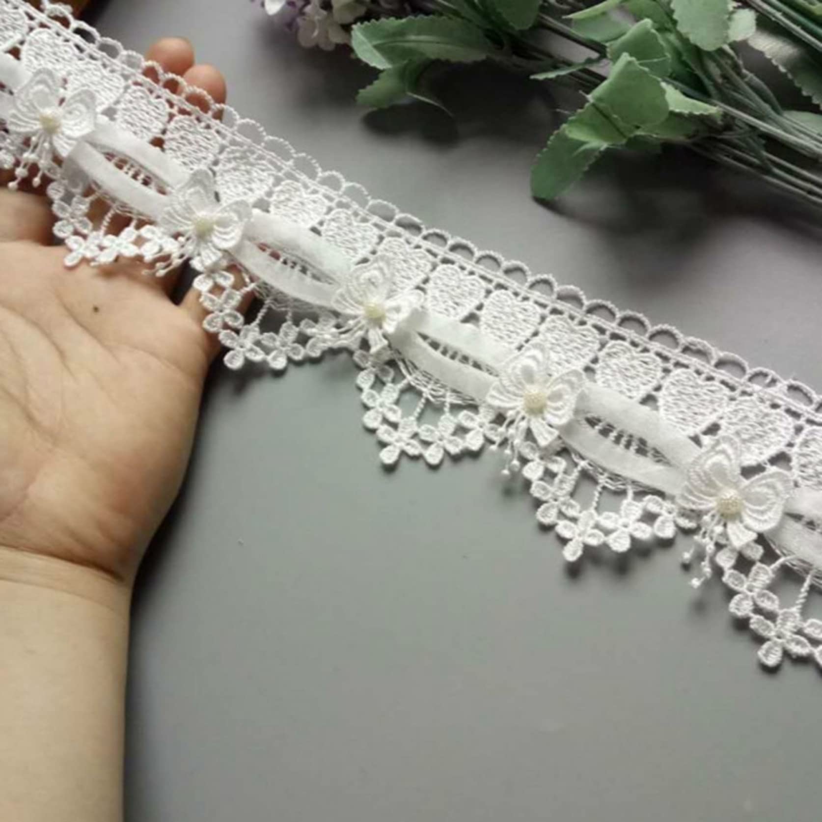 1 Yard White Lace Trim Fabric Bow-Knot Pearl Embroidered Lace Ribbon Handmade DIY Sewing Supplies Craft Clothes Decoration