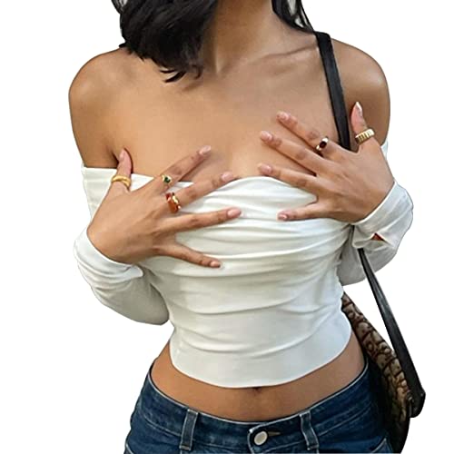 LuFeng Women's Sexy Off Shoulder Double Layer T-Shirt Long Sleeve Y2k Crop Tee Tops Streetwear White