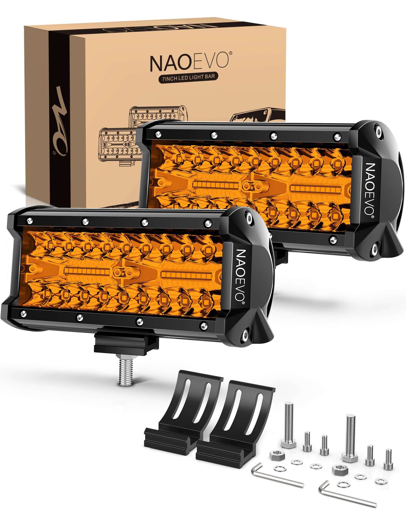 NAOEVO 7 inch Amber LED Light Bar, 240W 24,000LM Offroad Fog/Driving Lights LED Pods with Spot Flood Combo Beam, Waterproof LED Work Lights for Truck Boat UTV ATV, 2 Pack (Amber)