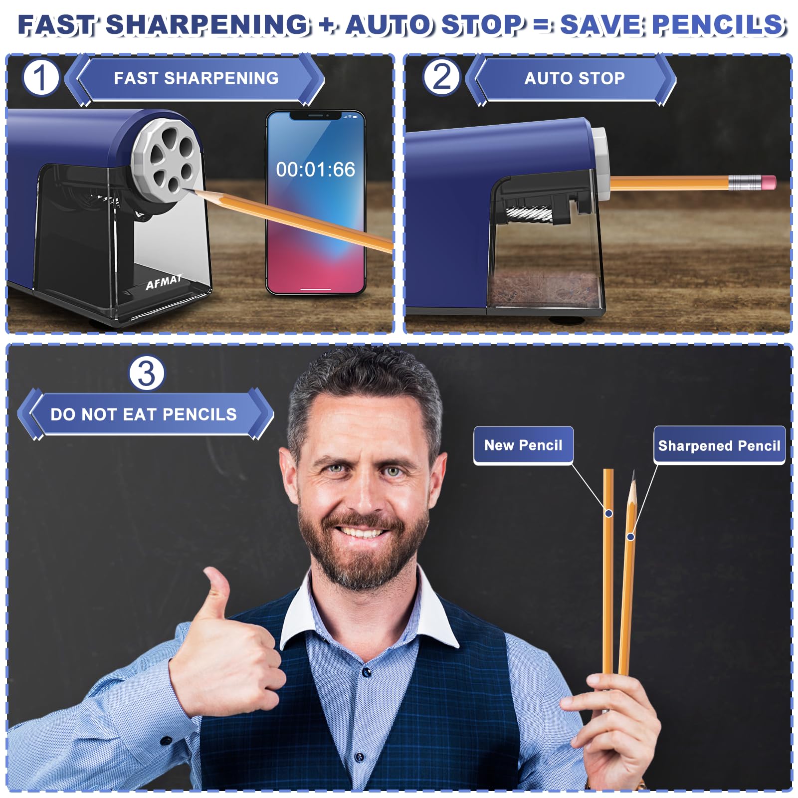 Heavy Duty Electric Pencil Sharpener, 6 Holes, AFMAT Classroom Sharpener for 6-11mm Pencils, Auto Stop, Super Fast, Save Pencils, School Teacher Must Have Pencil Sharpeners Plug in, Blue