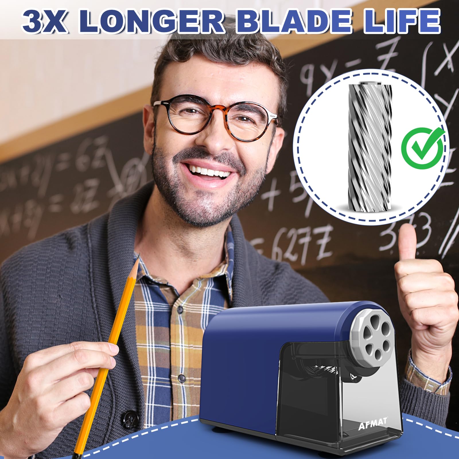 Heavy Duty Electric Pencil Sharpener, 6 Holes, AFMAT Classroom Sharpener for 6-11mm Pencils, Auto Stop, Super Fast, Save Pencils, School Teacher Must Have Pencil Sharpeners Plug in, Blue