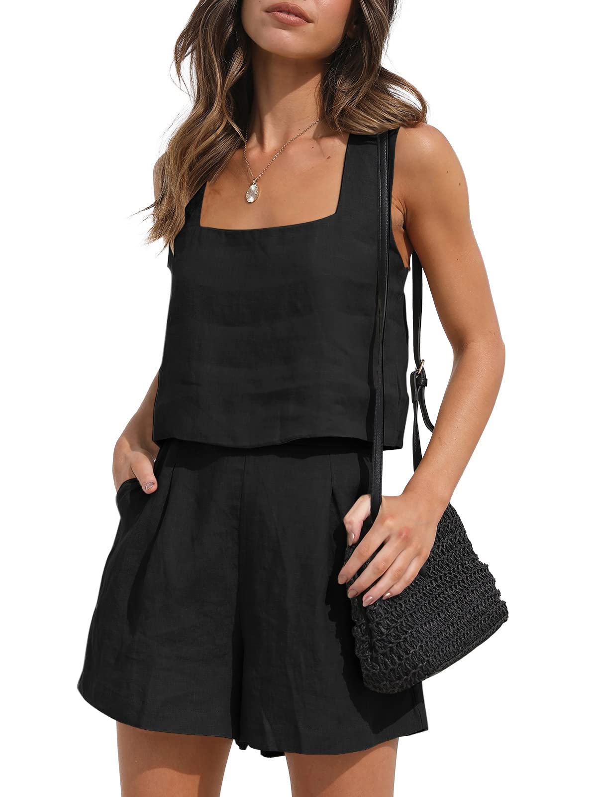 AUTOMET Womens Summer 2 Piece Outfits Vacation Casual Trendy Shorts Matching Sets Sleeveless Casual Linen Outfits 2024 Black M