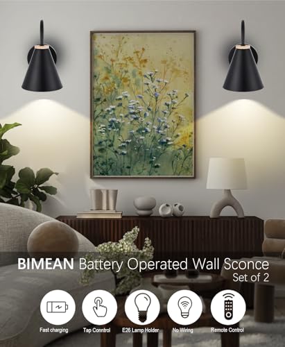 Battery Operated Black Industrial Wall Sconce Set of 2, Easy to Install Not Wires, USB Rechargeable Battery with Remote Control Led Light, Dimmable Wall Lamp Fixtures for Bedroom Farmhouse Gallery RV