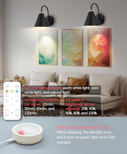 Battery Operated Black Industrial Wall Sconce Set of 2, Easy to Install Not Wires, USB Rechargeable Battery with Remote Control Led Light, Dimmable Wall Lamp Fixtures for Bedroom Farmhouse Gallery RV