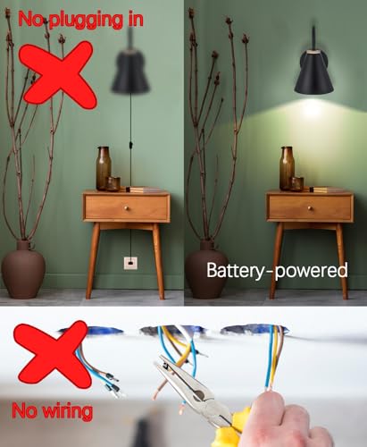 Battery Operated Black Industrial Wall Sconce Set of 2, Easy to Install Not Wires, USB Rechargeable Battery with Remote Control Led Light, Dimmable Wall Lamp Fixtures for Bedroom Farmhouse Gallery RV