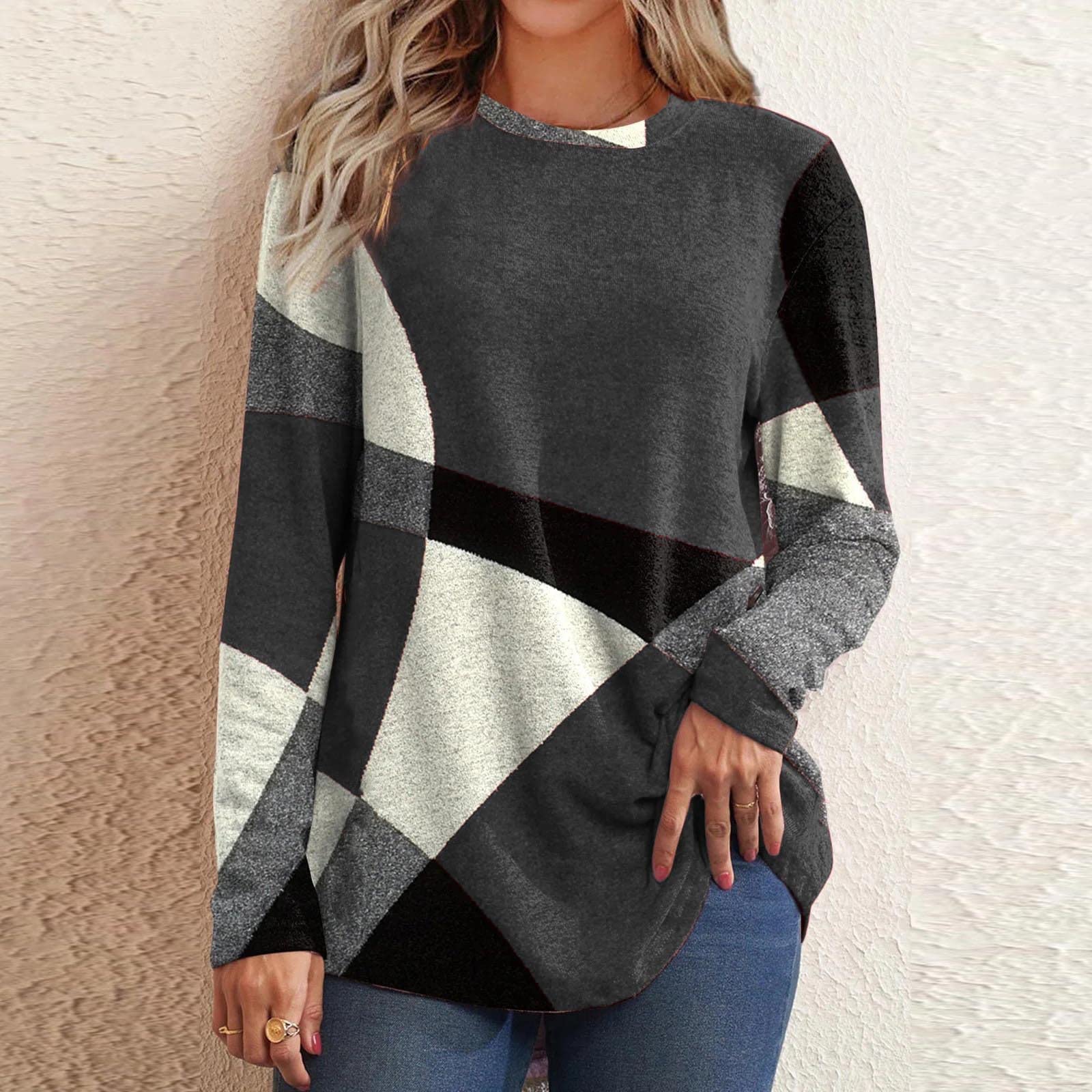 Camisas de Manga Larga para Mujer Color Block Workout Tops Túnica Cuello Redondo Sudadera Camisetas artísticas,Gray,Medium