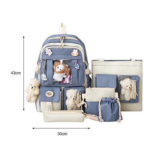 Kawaii Backpack 5Pcs Set Aesthetic School Bags, Cute Backpack Bookbag with Badge Pendants and Pins Rucksack for Teen Girls (Blue)