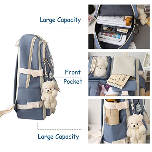 Kawaii Backpack 5Pcs Set Aesthetic School Bags, Cute Backpack Bookbag with Badge Pendants and Pins Rucksack for Teen Girls (Blue)