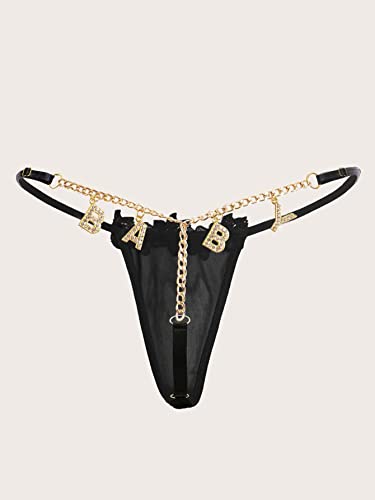 SOLY HUX Women's Mesh Floral Applique Chain Thongs Underwear Panties Sexy Panty Black S