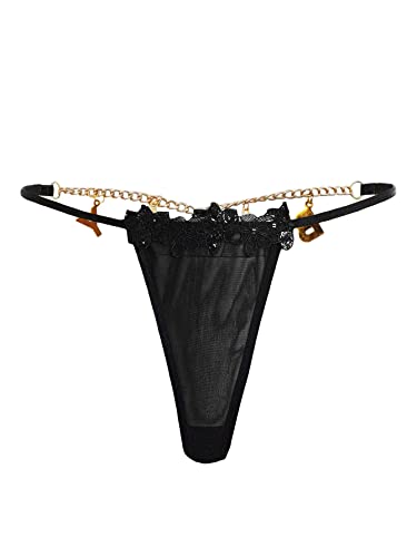 SOLY HUX Women's Mesh Floral Applique Chain Thongs Underwear Panties Sexy Panty Black S
