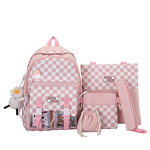 Checkered Kawaii Backpack 5Pcs Set Cute Aesthetic School Bags Combo Set for Girls Preppy Backpacks for School, School Bag Sets with Pencil Box Lunch Box Bag (Pink, One Size)