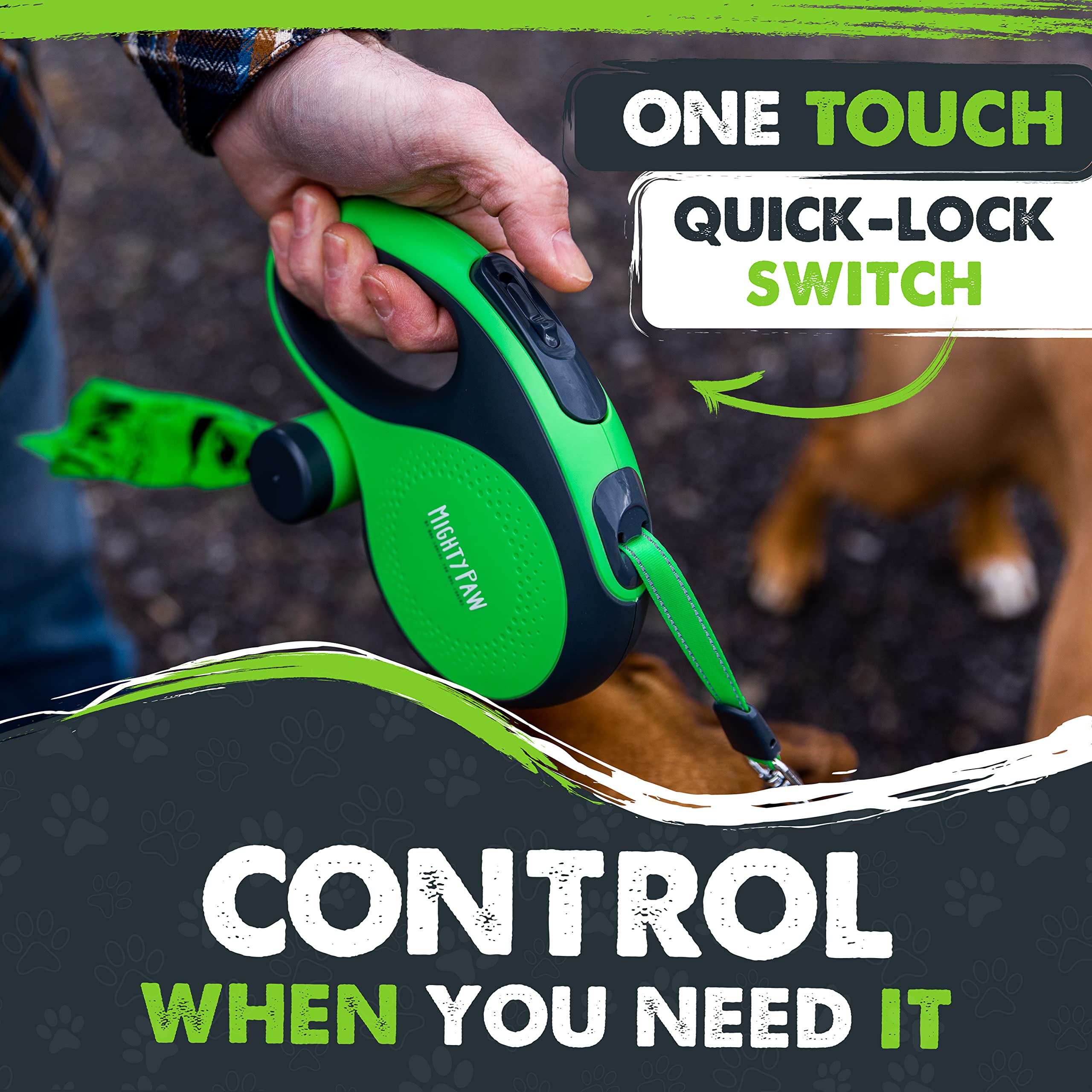 Mighty Paw Retractable Leash with Built-in Poop Bag Holder | 16' Long Retractable Dog Leash for Small Dogs, Medium Breeds & Large Pets with Tape for Quick Control. Poop Bags Included