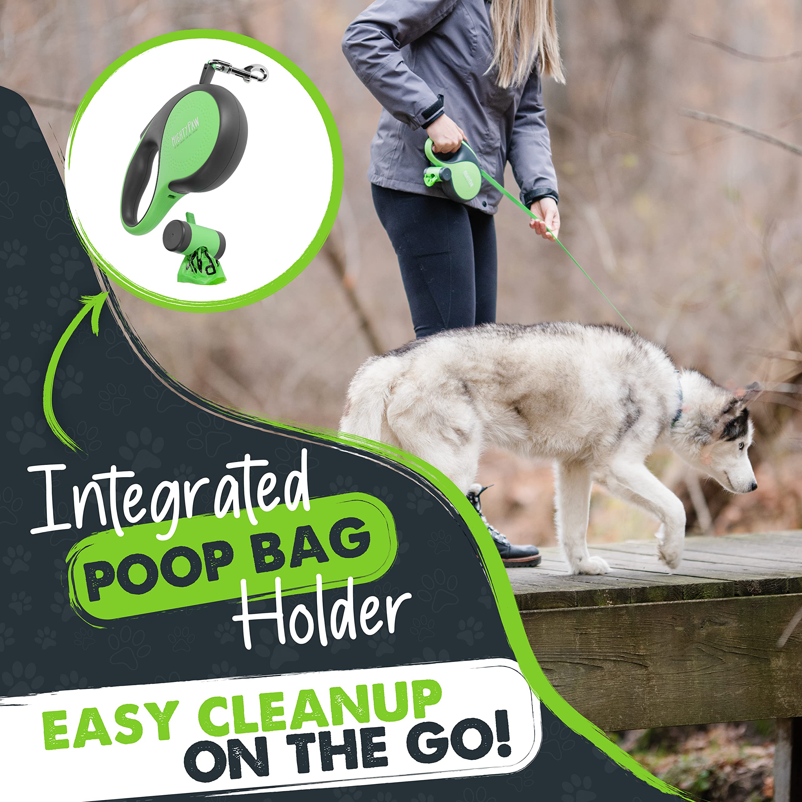 Mighty Paw Retractable Leash with Built-in Poop Bag Holder | 16' Long Retractable Dog Leash for Small Dogs, Medium Breeds & Large Pets with Tape for Quick Control. Poop Bags Included