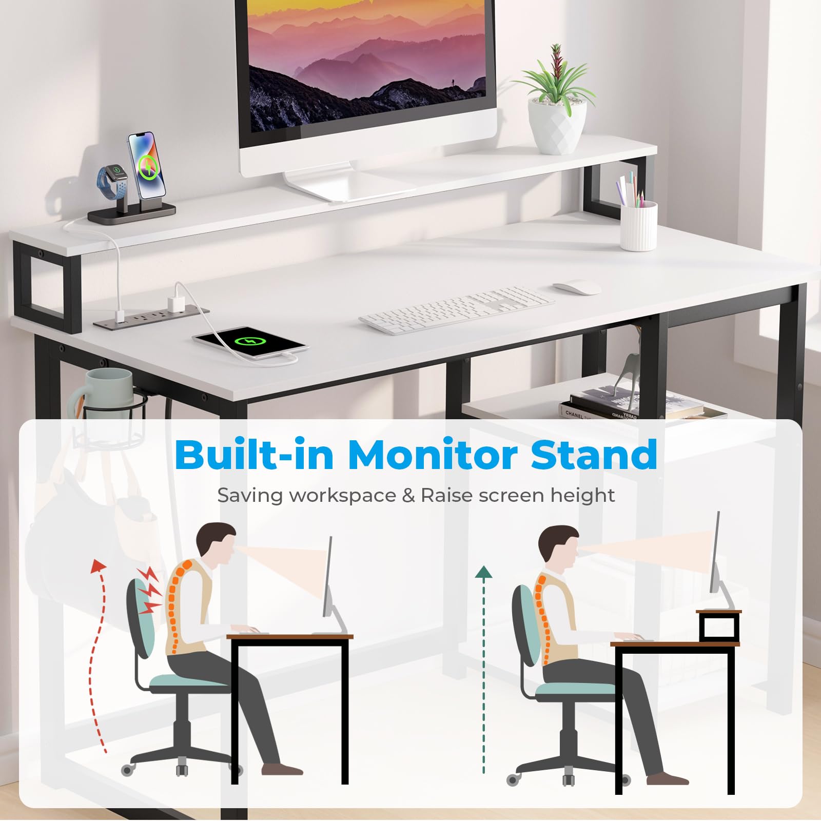 GreenForest 47 inch Computer Desk with Power Outlets, Small Home Office Desk with Ergonomic Monitor Stand, Reversible Gaming Desk, Modern Study Desk, Laptop Desk, White