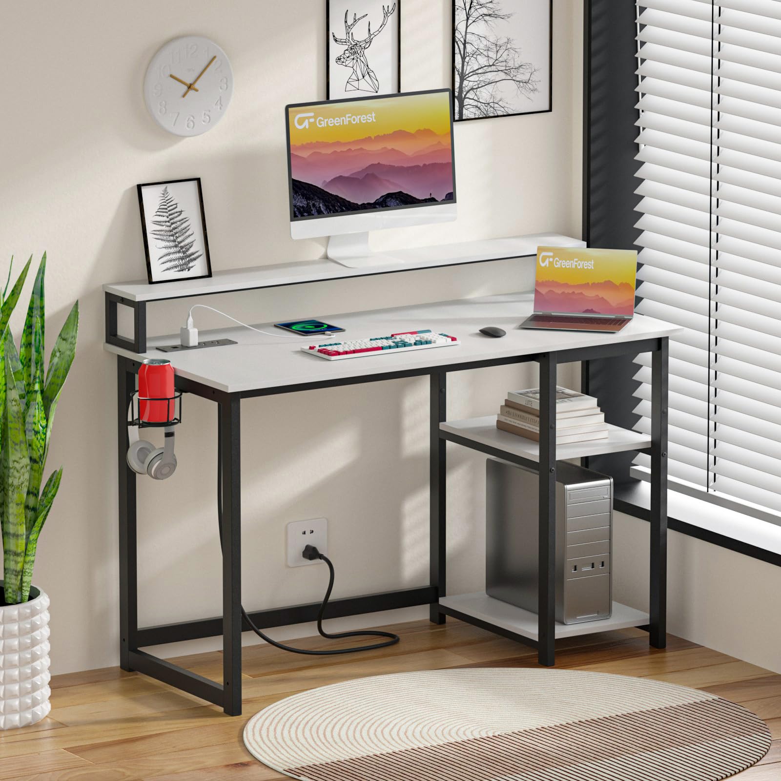 GreenForest 47 inch Computer Desk with Power Outlets, Small Home Office Desk with Ergonomic Monitor Stand, Reversible Gaming Desk, Modern Study Desk, Laptop Desk, White