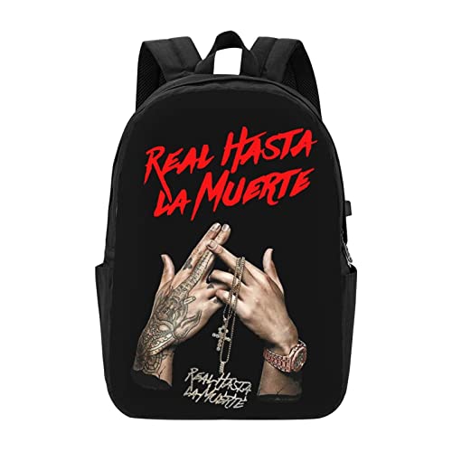 HQEKMS Real Hasta La Muerte Backpack,17Inch Lightweight Bookbag with USB Charging Port Travel Casual Backpack, Black, One Size