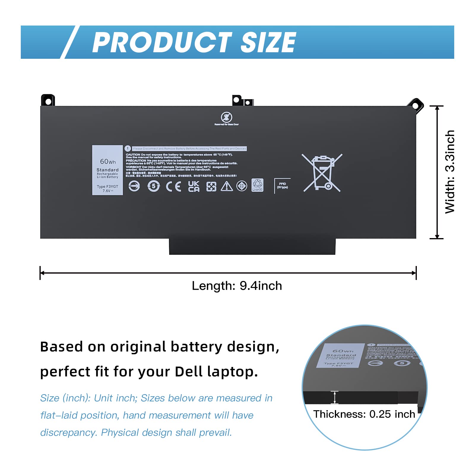 Latitude 7480 7490 Battery F3YGT Laptop Replacement for Dell Latitude 14 7000 7480 7490 12 7280 7290 13 7390 7380 E7480 E7490 E7280 E7290 E7390 Fits KG7VF DM3WC P73G 451-BBYE 2X39G 453-BBCF DM6WC 60Wh