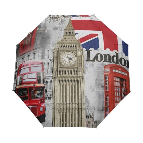 SLHFPX Compact Travel Umbrella London Union Jack Retro Auto Umbrellas Windproof For Women Men Kids Portable Rain Sun Uv Folding Reverse Umbrella With Automatic Open Close Button