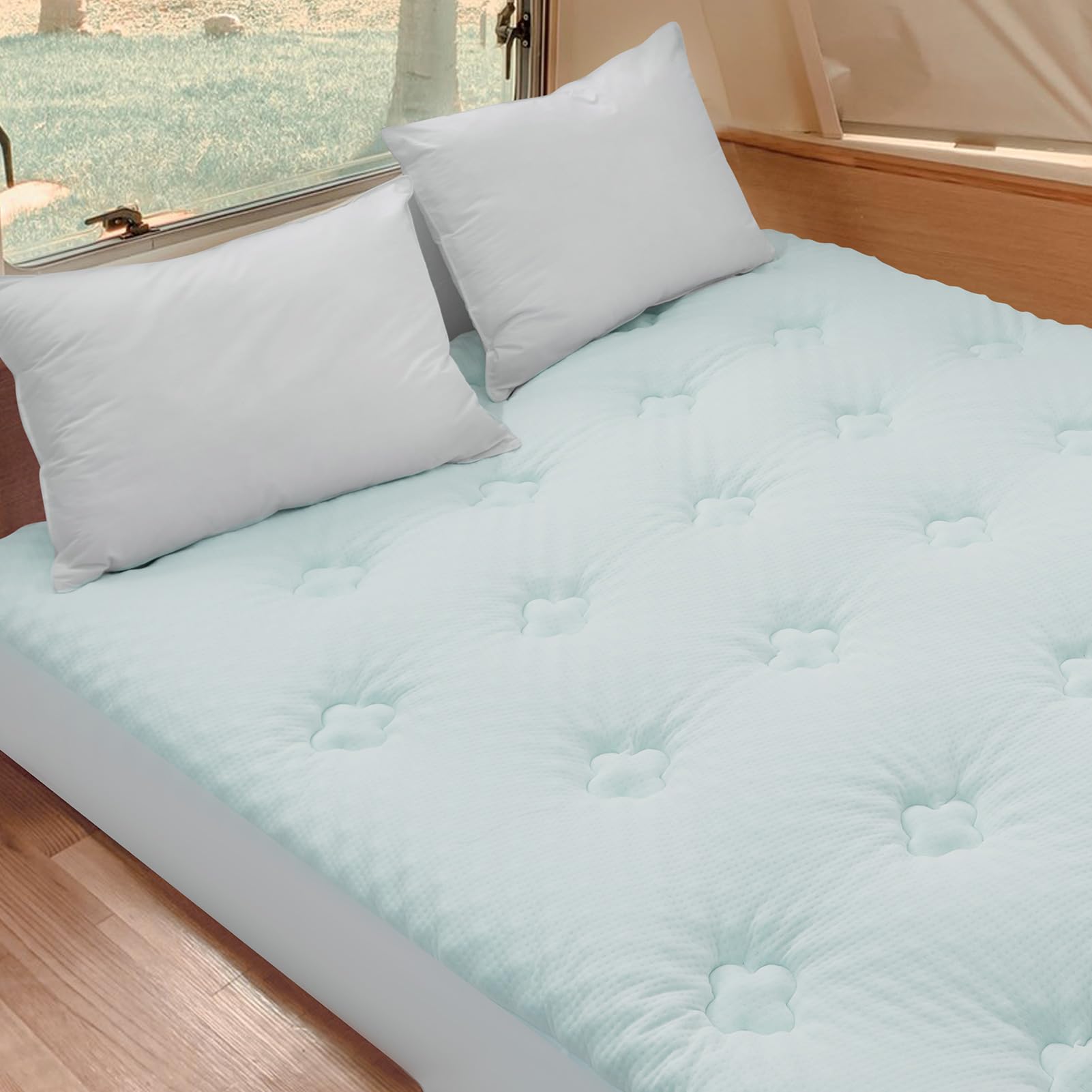 Hansleep Memory Foam RV Mattress Pad Short Queen, Pillow Top Mattress Topper Short Queen for Back Pain Relief with Egg Crate Gel Foam, Camping Mattresses Cover, 60" x 80", White