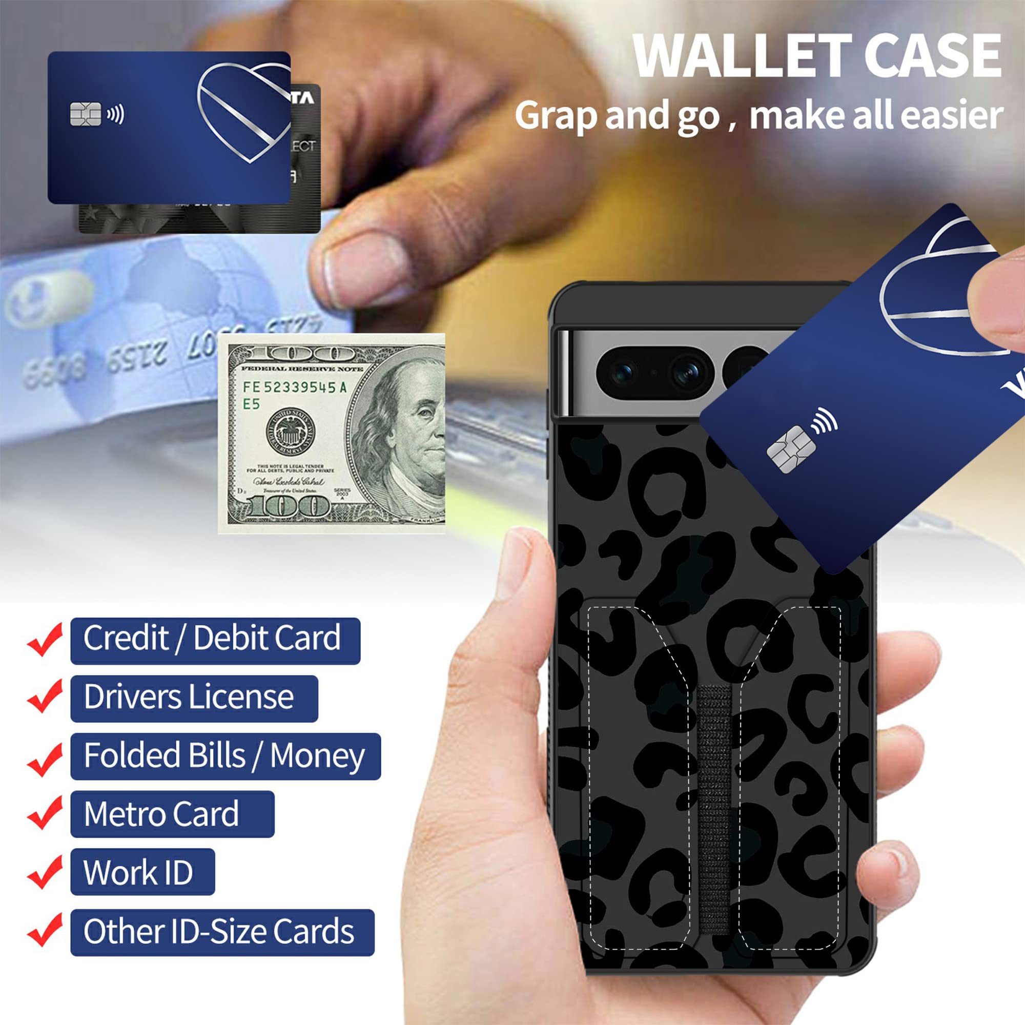 RYUITHDJP for Google Pixel 7 Pro Case Wallet Leather with Black Leopard Design Theme Phone Case for Google Pixel 7 Pro Case with Credit Card Slot Holder Shockproof Protectve Leather Case