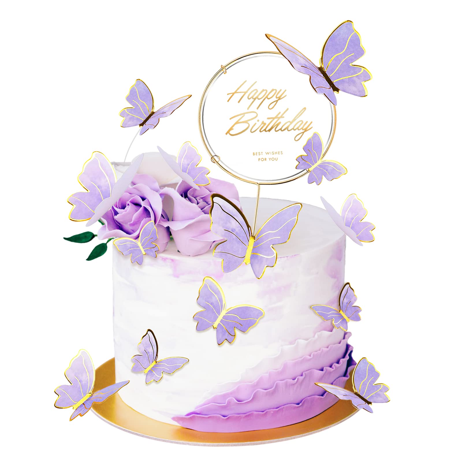 13 Pieces Butterfly Cake Toppers With Happy Birthday Cake Toppers 3D Pink Gold Butterfly Cake Decorations for Girls Women's Birthday Party Wedding Cake Decor Baby Shower (Purple)