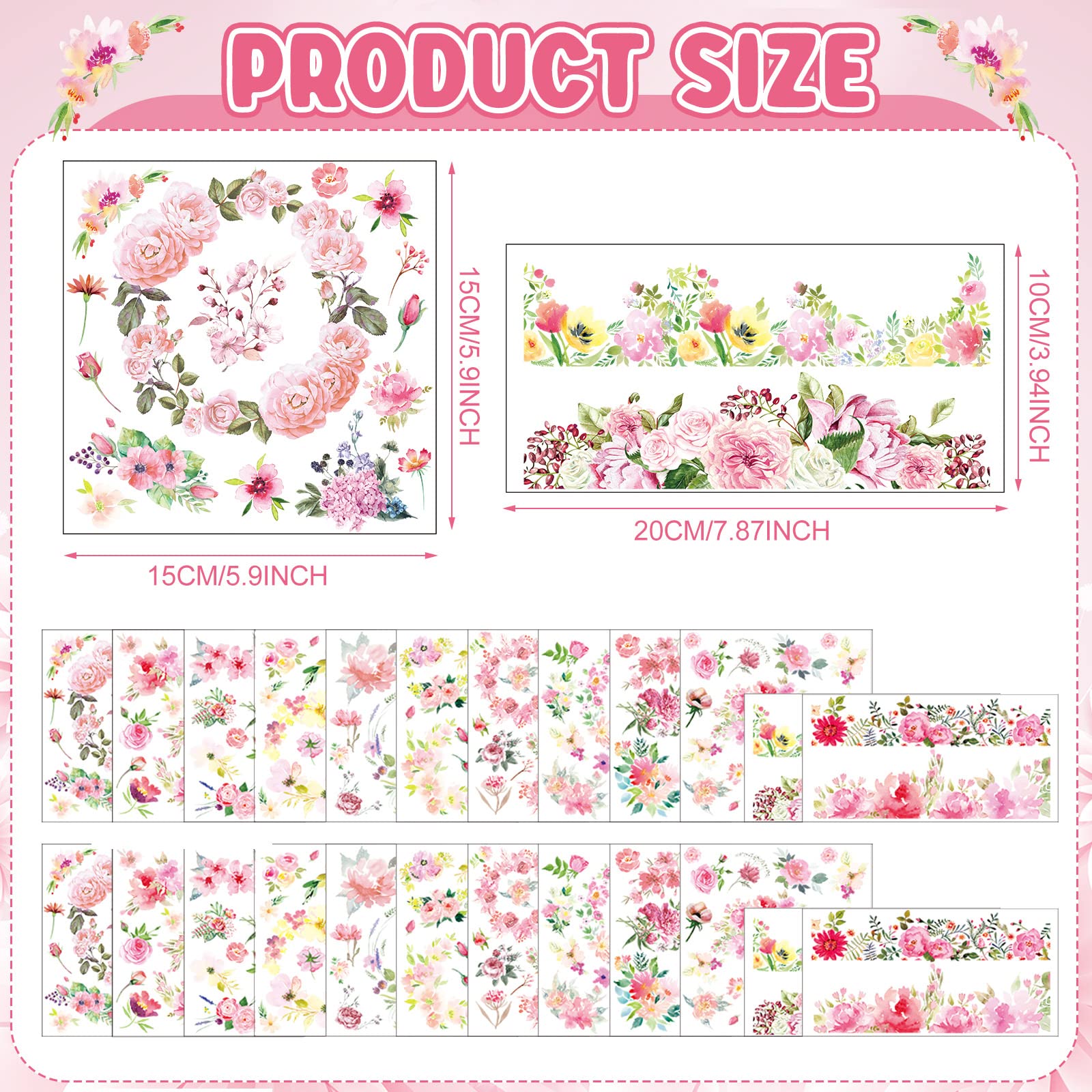 24 Sheets Rub on Transfers Flower Decor Stickers PET Iron on Transfers Plant Stickers Waterproof Vinyl Decals for Furniture Scrapbooking Diary Journals DIY Arts and Crafts Spring Decor (Floral)