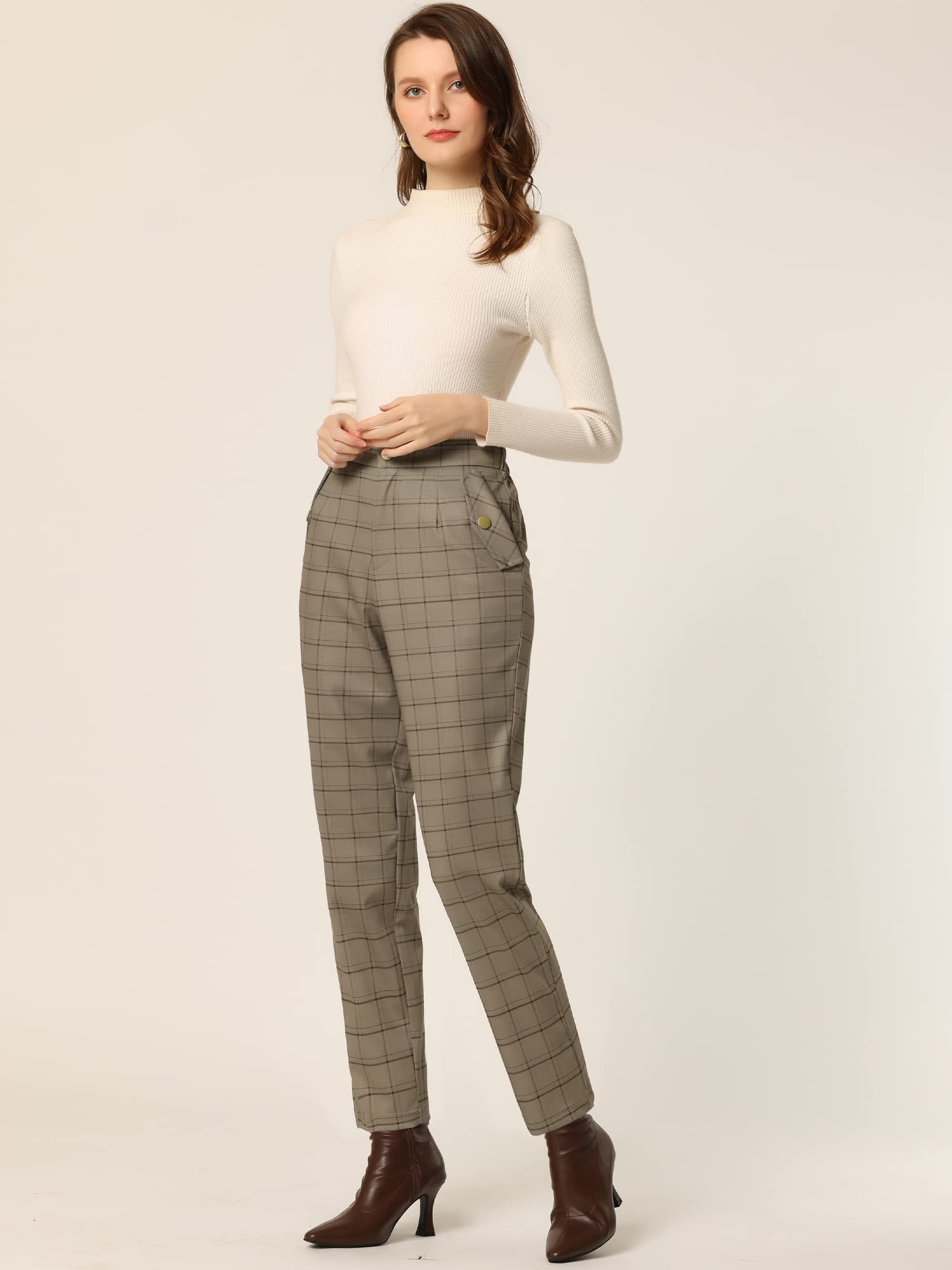 Allegra K Women's Easter Vintage Tartan Plaid Pants Elastic Waist Straight Long Trousers Medium Camel